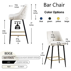 Homedot Counter Height Barstools Set of 2, Upholstered Home Kitchen Dining Chair Boucle Bar Stools with Backrest, Modern Bar Chairs with Footrest for Kitchen Island, Dining Room