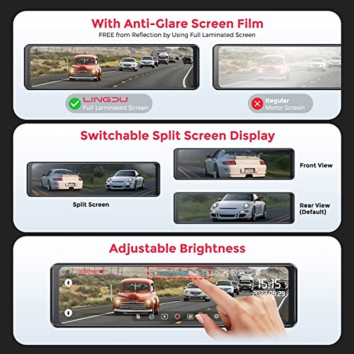 LINGDU LD03 12" Full Touch Screen Mirror Dash Cam with Detached Camera, Front and Rear Dual Cameras, Backup View Mirror Camera, FHD 1080P, Super Night Vision for Car, Includes Free 64GB Card & GPS
