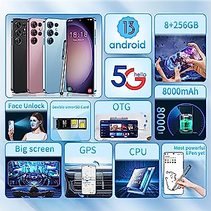 VSMOX Smartphones S23Ultra Cheap 5G, 8GB RAM 256GB ROM,128GB Expandable, 8000mAh Battery, Android 13, 108MP Camera, 5G Dual Sim Free Unlocked Mobile Phones,Blue-8GB 256GB