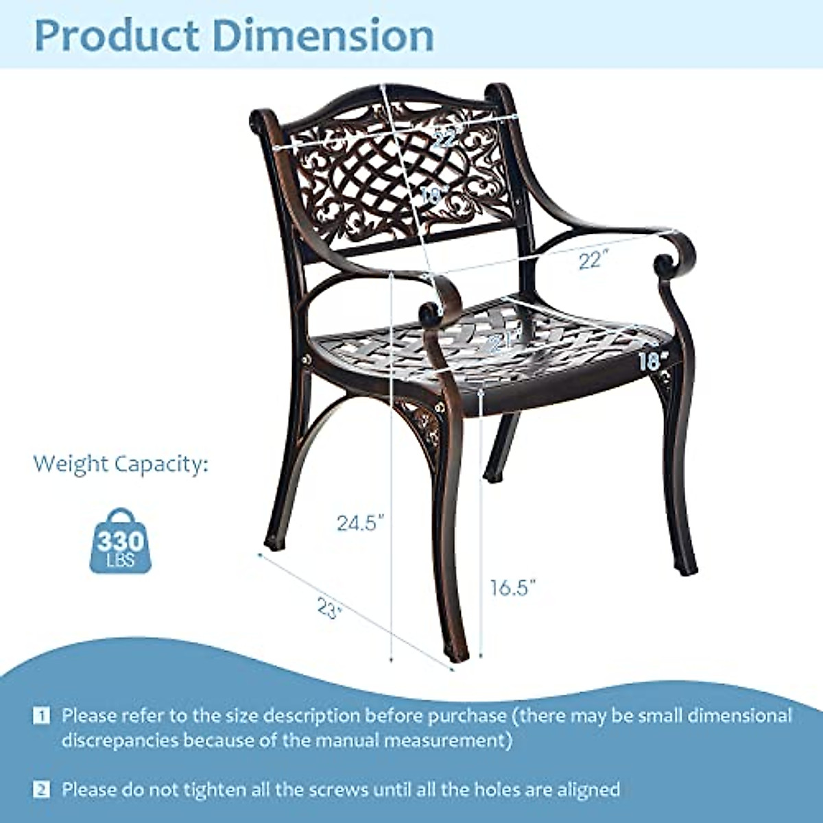 Giantex 2 Pieces Patio Chairs, Cast Aluminum Bistro Chairs with Armrest, All-Weather Patio Dining Chair with Adjustable Feet, Outdoor Armchairs for Garden Deck Backyard Poolside (1)