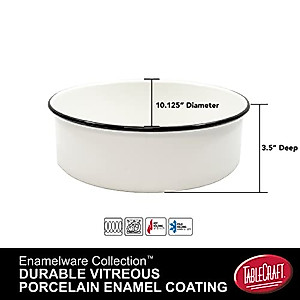 Tablecraft Enamelware Collection Black Rim Solid White Enamel Deep Bowl Baking Pan, Camping, Farmhouse, Home & Restaurant, Porcelain over Steel, Vintage, Boho, Retro, 10.13" Round, 3.6" Deep