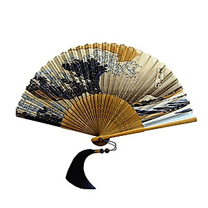 PHONME Decoration Folding Fan Folding Hand Held Fan Hand Folding Fans for Women/Men Japanese Vintage Retro Style Festival Dance Fan Gift Sea Waves Elegant Hand Fan Vintage style