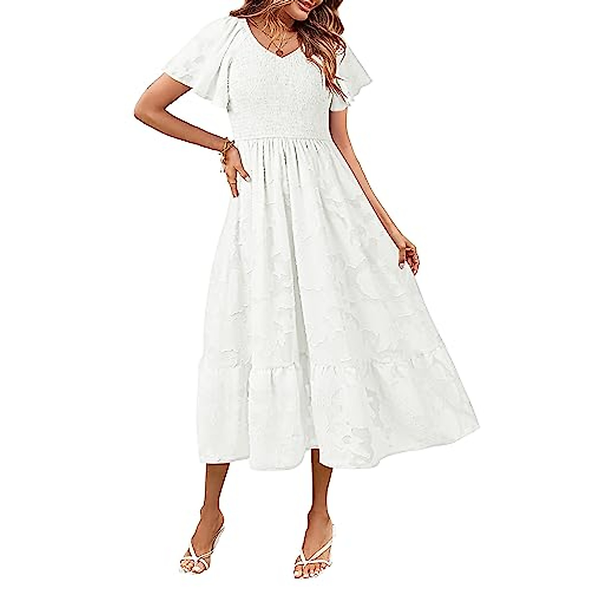 MEROKEETY Womens 2023 Summer V Neck Ruffle Sleeve Floral Dress Lace Flowy Smocked Midi Dresses,White,S
