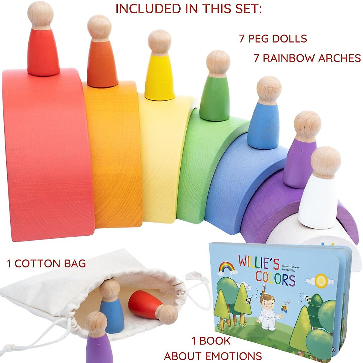 Montessori Nesting Rainbow Toy: Open-Ended Wooden Stacking Set with Arches, Peg Dolls & Story Book for Emotional Intelligence & Creative Play | Ages 3+ | 16 pcs | Premium Quality Tiger Wood