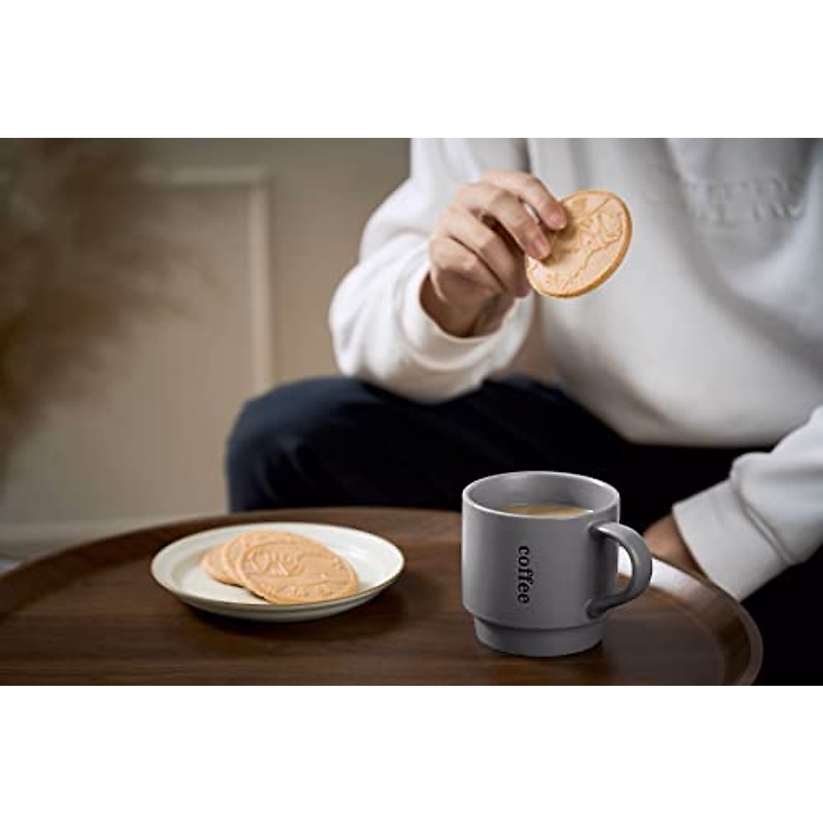 LAUCHUH Stackable Coffee Mug Set with Rack - 15 Ounce Porcelain Coffee Mugs for Coffee, Tea, Cocoa, Milk, Set of 4, Grey