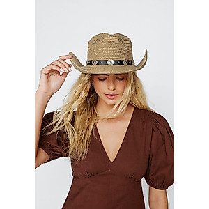 Eohak Shapeable Womens Straw Cowboy Hat Panama Wide Brim Cowgirl Western-Hat with Belt Summer Beach Hat