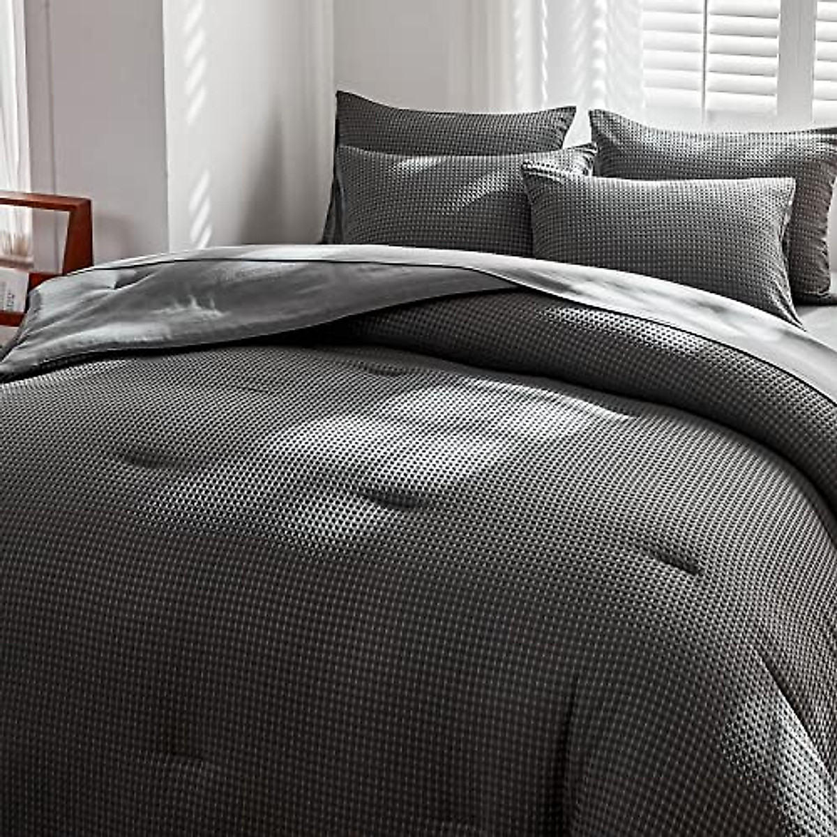 WARMDERN Grey Comforter Set King Size Waffle Weave Lightweight Bedding Comforter Sets Soft Microfiber Down Alternative Comforter 7 Pieces Bed in A Bag All Season(Gray, King)