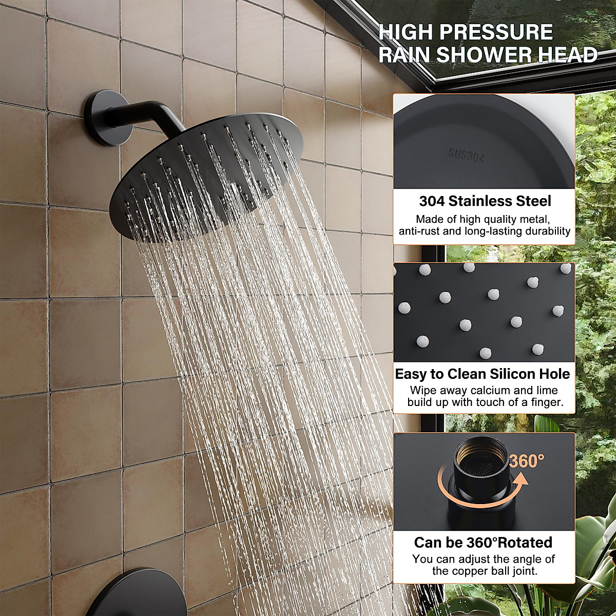 Holispa Shower Faucet, Black Shower Faucet Set with 8-Inch Rainfall Shower Head, Single-Handle Shower Trim Kit Included Shower Valve, Matte Black