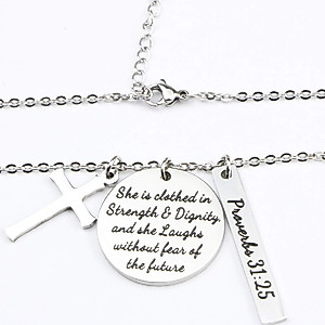 Memgift Christian Necklace Stainless Steel Cross Pendant Jewelry for Women She is Clothed in Strength and Dignity and She Laughs without Fears of the Future