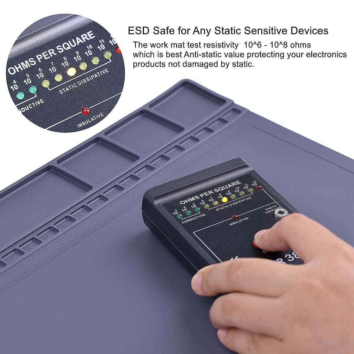 Anti-Static Mat ESD Safe for Electronic Includes ESD Wristband and Grounding Wire, HPFIX Silicone Soldering Repair Mat 932°F Heat Resistant for iPhone iPad iMac, Laptop, Computer, 15.9” x 12” Grey