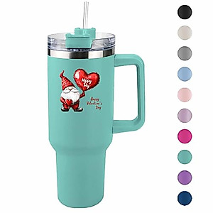 LB LEOBON 40 ounce insulated cup with handle, double-layer vacuum stainless steel material, equipped with straw, can keep warm or maintain cold drinks Valentine's Day Gnome B Lake Green