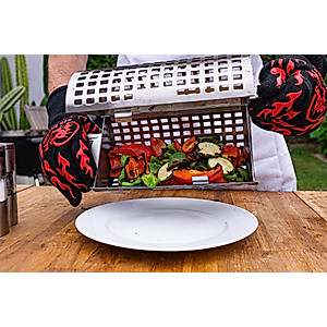 BBQ Dragon | Rolling Grill Basket | Food Grade Stainless Steel Grilling Basket | 13.5”x5.6” Cylinder | Vegetables, Shrimp, Fish, Chicken Wings | Snap Close Lid | Dishwasher Safe | Grilling Accessory