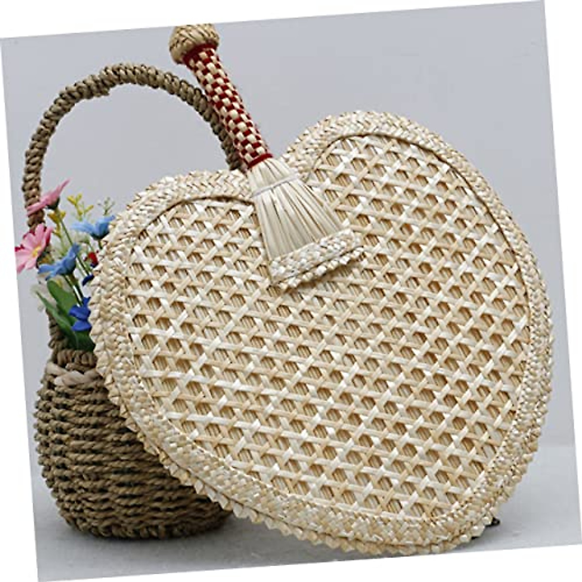 Abaodam 3 Pcs Straw Fan Paper Fans Decoration Japanese Fan Party Fan Woven Handheld Fan Vintage Home Decor Hand Rocker Fan African Decor Seagrass Rattan Fan Heart-Shaped Travel Polyester
