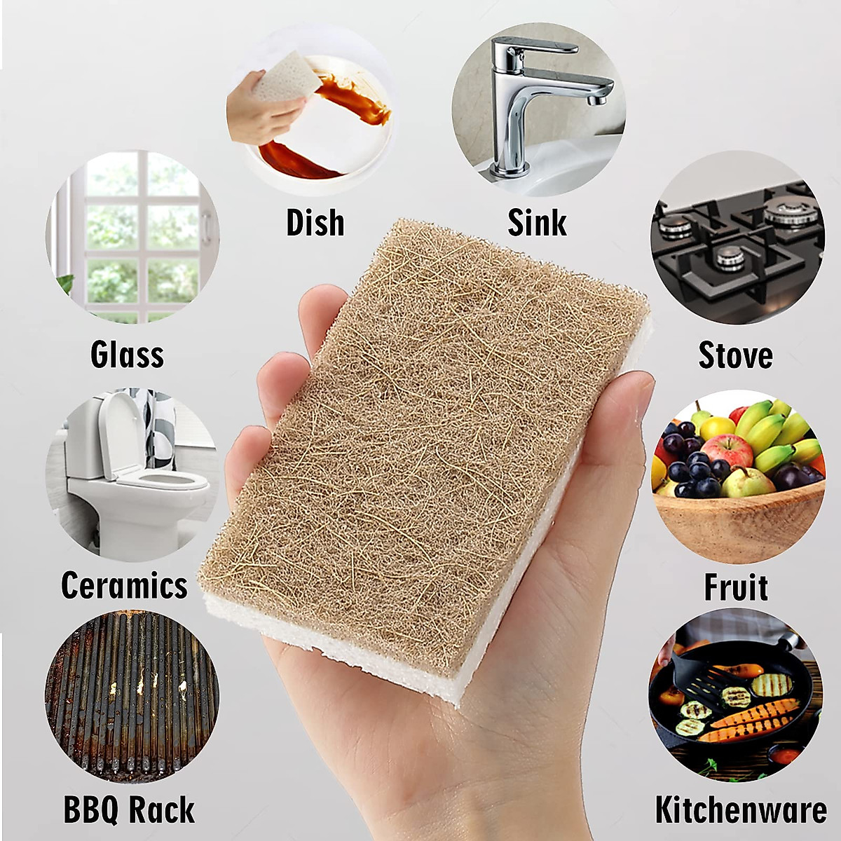Natural Kitchen Sponge (6 Pack) for Cleaning Dish, Glass, Ceramic, Stove, Fruit, BBQ Rack, Kitchenware, Nature Made Multipurpose Sponges for Sustainable Living