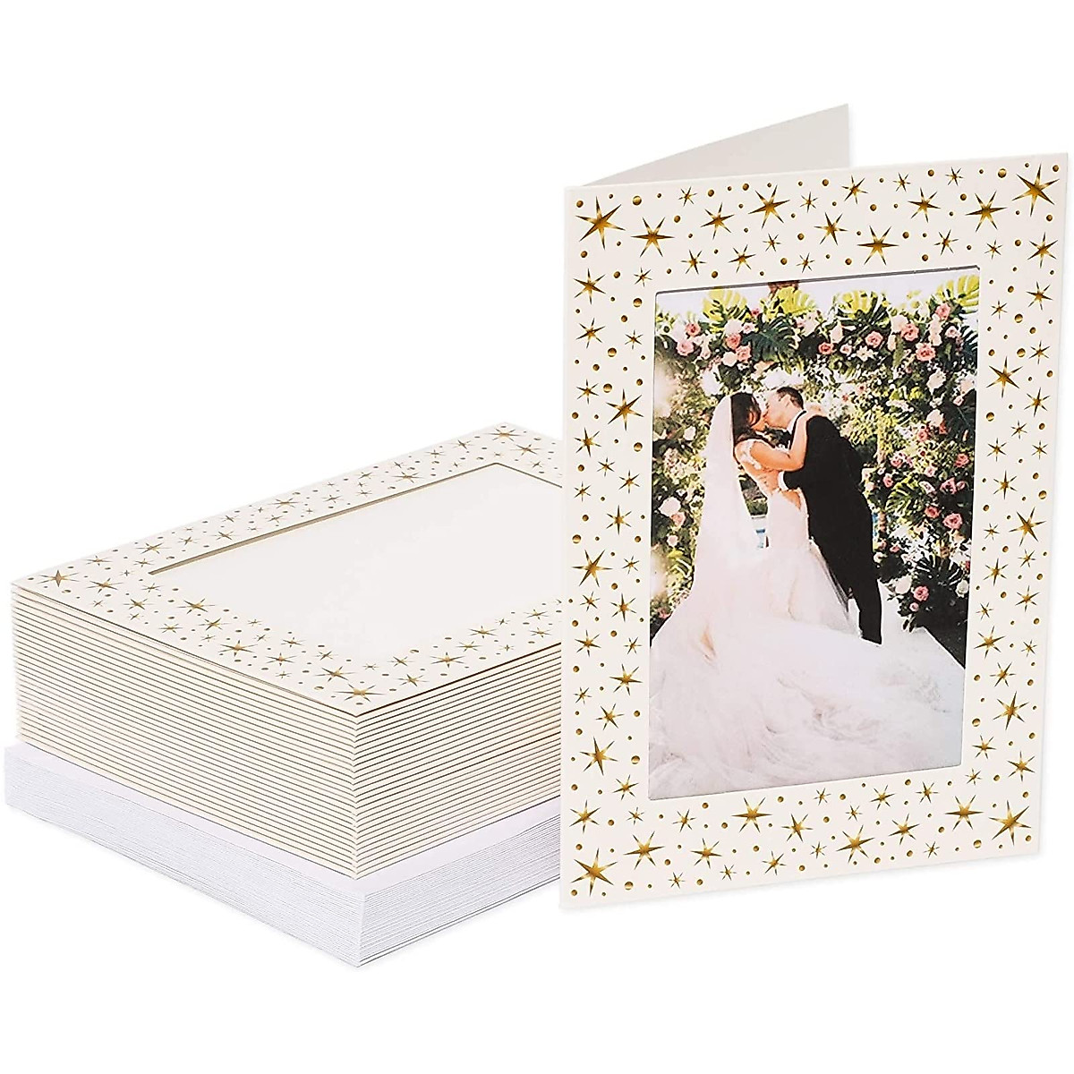 36 Pack Photo Insert Greeting Cards with Envelopes Included, Gold Stars Border, 5 x 7 In Photos, Durable Paper Picture Frames for Birthdays, Anniversaries, Weddings