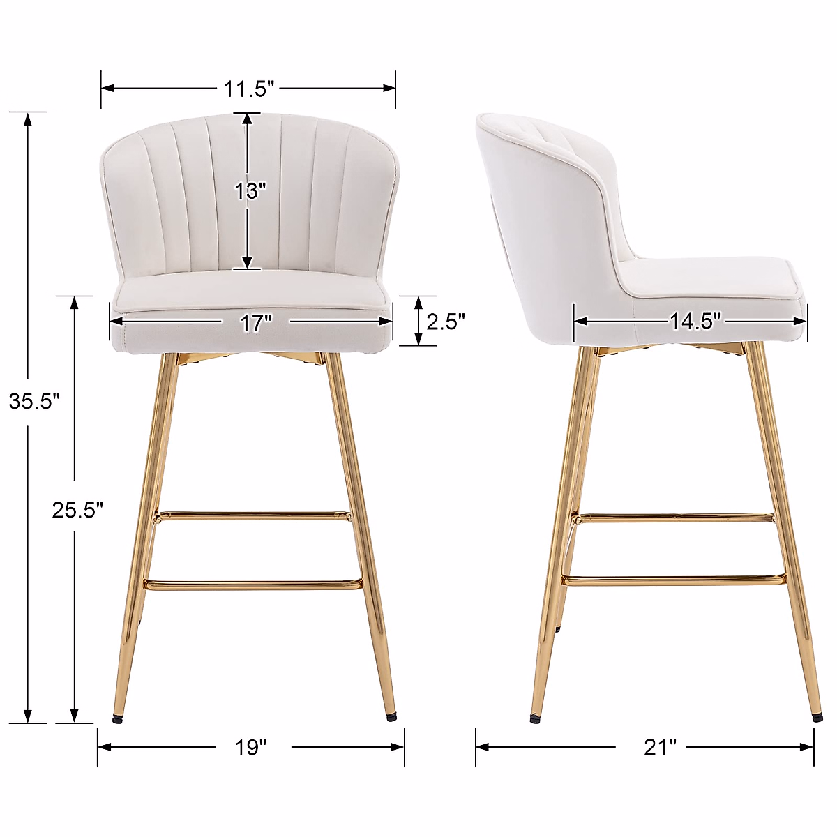 CIMOO Beige Velvet Counter Stools with Gold Legs Mid Century Modern Bar Stools Set of 2 Upholstered Counter Height Stool Chairs 26 Inch kitchen Island Chairs with Back