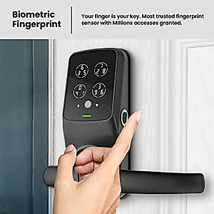 Lockly Secure Plus Latch, Bluetooth Smart Lock with Handle, Keyless Entry Door Lock, PIN Genie® Keypad, 3D Biometric Fingerprint Sensor, Auto Lock - Matte Black (PGD628FMB)