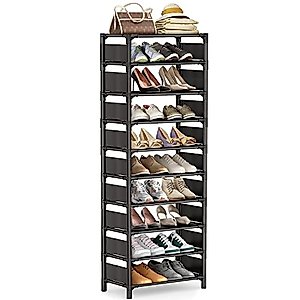 sunvito 10 Tiers Shoe Rack, Tall Narrow Shoe Rack Sturdy Stackable Shoe Shelf Storage Organizer, Holds 20-25 Pairs Vertical Shoe Stand for Closets, Entryway, Black