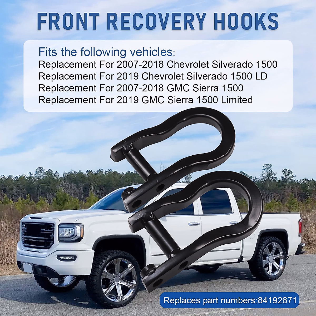 CARMOCAR Front Tow Hooks Ring Replacement for 2007-2019 Chevy Silverado GMC Sierra 1500 in Black Front Lower Bumper Trailer Ring Replace 84072463 Steel Alloy