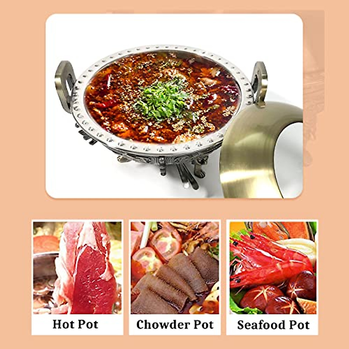 Round Chafing Dish Set for Wedding Banquets Party, Stainless Steel Chafer Buffet Server Warming Tray, with Food Pan, Frame, Lid and Fuel Holder,Red Copper,26cm