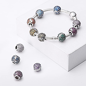 HappyStar 925 Sterling Silver Month Birthstone Charm for Bracelets Necklace，with 5A Cubic Zirconia Dangle Pendant Bead,Happy Birthday Valentine's Day