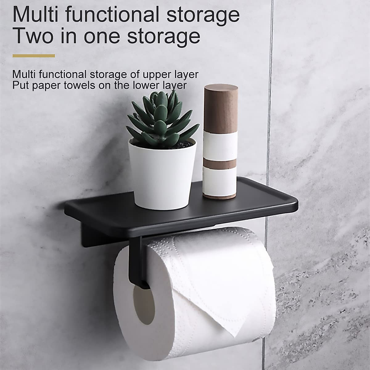 Ihvewuo formsiwod Black Toilet Roll Holder Aluminum Toilet Paper Holder with Phone Shelf Wall Mounted Toilet Roll Holder with Screws Anti-Rust Toilet Paper Holder for Bathroom Kitchen JK