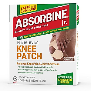 Absorbine Jr. Knee Pain Relief Patches, Fast Acting Pain Patch with Menthol for Knee Pain, Muscle Cramps and Joint Pain, 12 Hours of Long Lasting Relief with Sweat Proof Technology, 6 Count