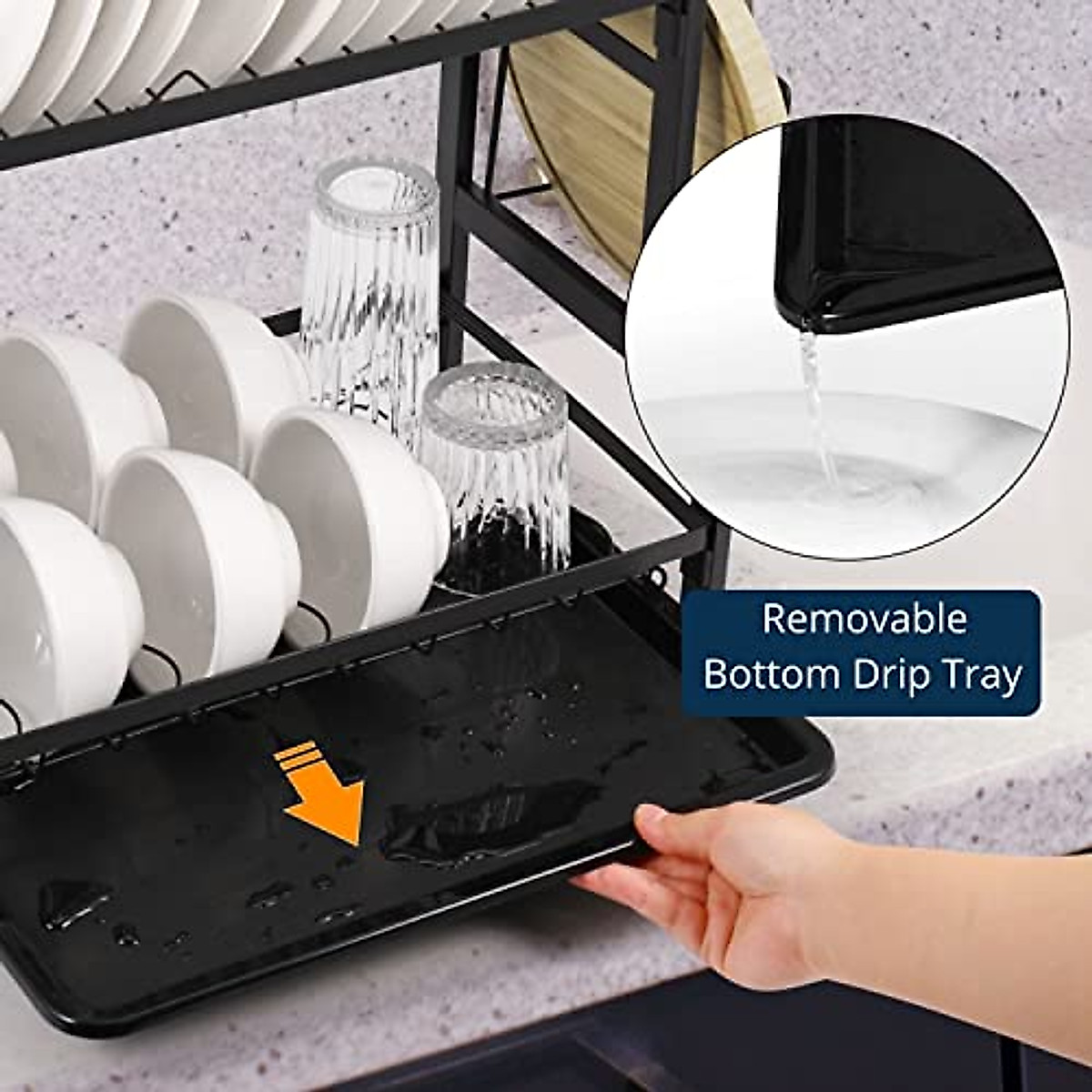 Flexzion 2 Tier Dish Drying Rack Drainboard Set, Kitchen Drying Rack Dish Drainer with Utensil Holder, Cup Hanger, Tray Plate Rack for Kitchen Countertop, Organizer, Storage Accessories, Black