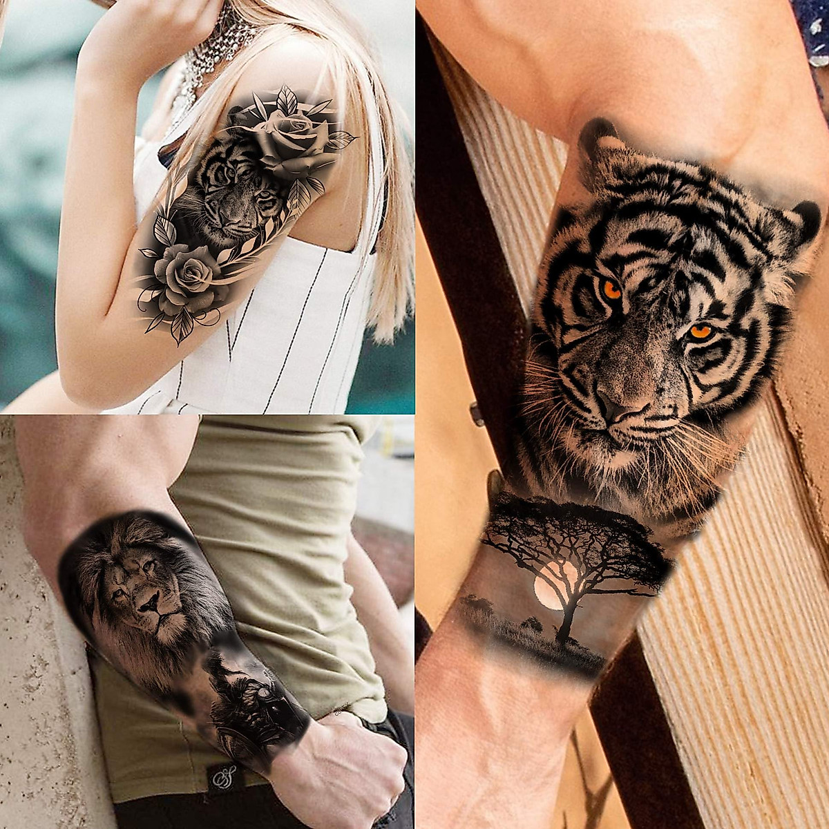 67 Sheets 3D Black Tribal Realistic Temporary Tattoos for Men Women Adults - Tiger Lion Gladiator Temp Skull Fake Half Arm Sleeve Tattoos Sticker