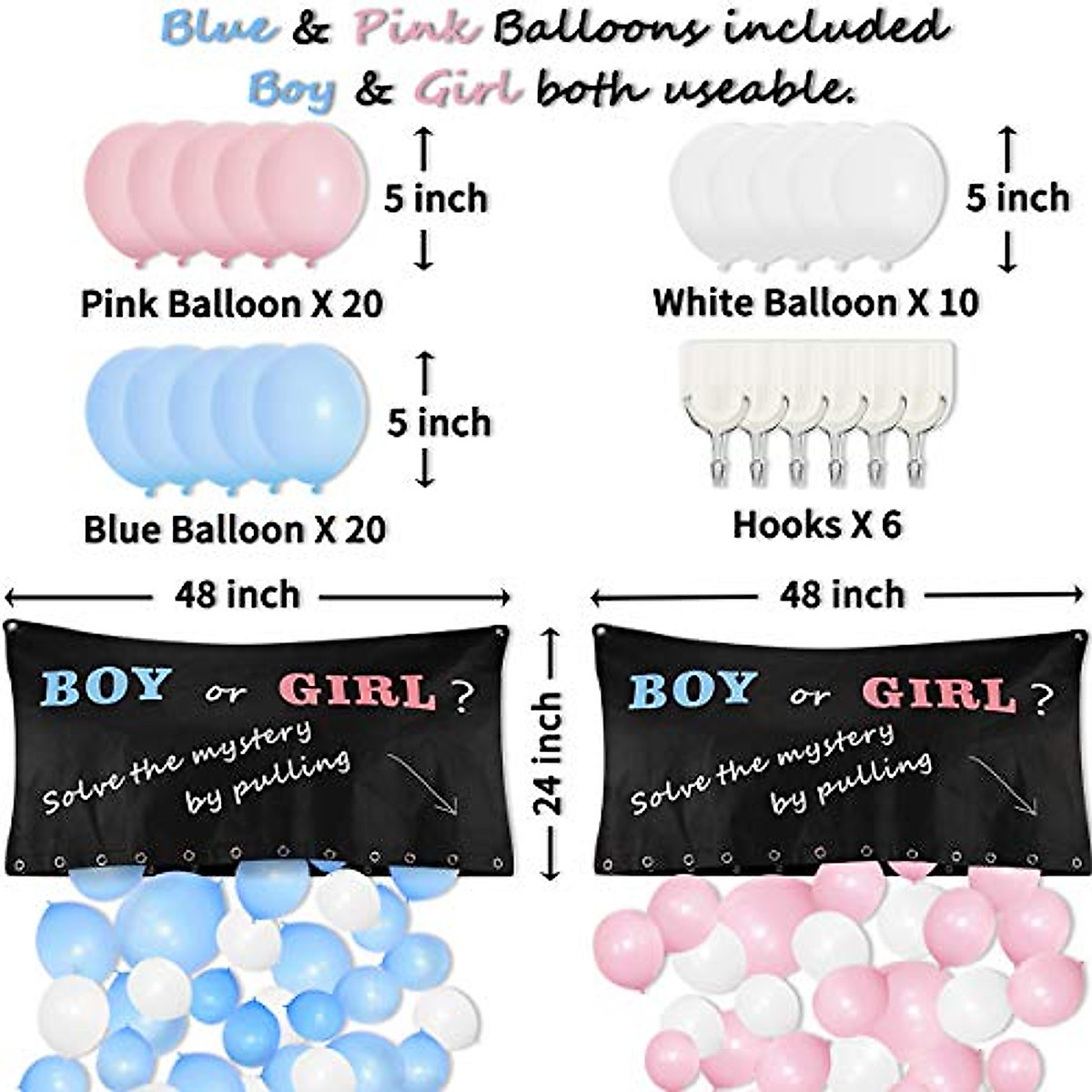FUKUGAWA Gender Reveal Party Decoration | Boy and Girl Gender Reveal Drop Box | Blue and Pink 6 Inch Colorful Balloons with 48" Gender Reveal Drop Bag (57 Pcs)