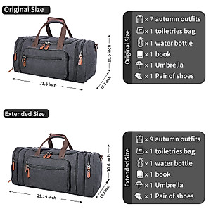 FITMYFAVO Canvas Duffle Bag (45L/55L) for Men,Expandable Capacity Travel /Overnight /Weekend Bag with Shoe Compartment (Dark Grey)