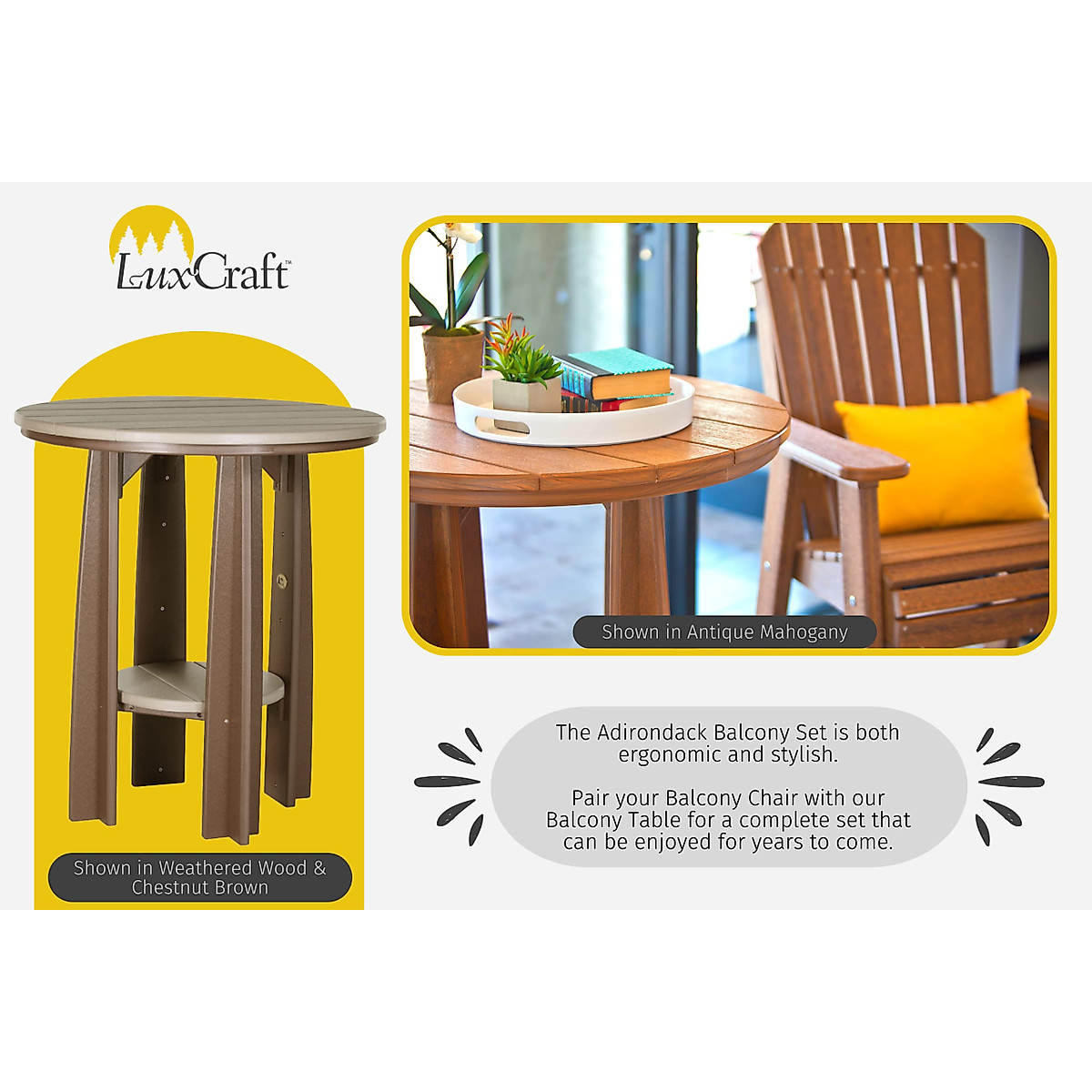 LuxCraft Plastic Poly Adirondack Balcony Chair with Built-in Footrest, Counter Height Outdoor Patio Dining Chair (Weatherwood & Chestnut Brown)