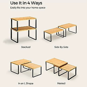 Cabinet Organizer Shelf, Set of 2 Kitchen Counter Shelves, Kitchen Storage, Spice Rack, Stackable, Expandable, Metal and Engineered Wood, Black and Natural (Black & Natural)