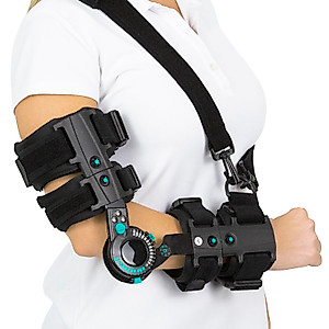 Vive Hinged Elbow Brace (Fits Right) - Range of Motion Support Sling Stabilizer for Dislocated Arm - ROM Adjustable Splint & Shoulder Strap - Post Tendon Injury & Surgery Pain Relief Recovery