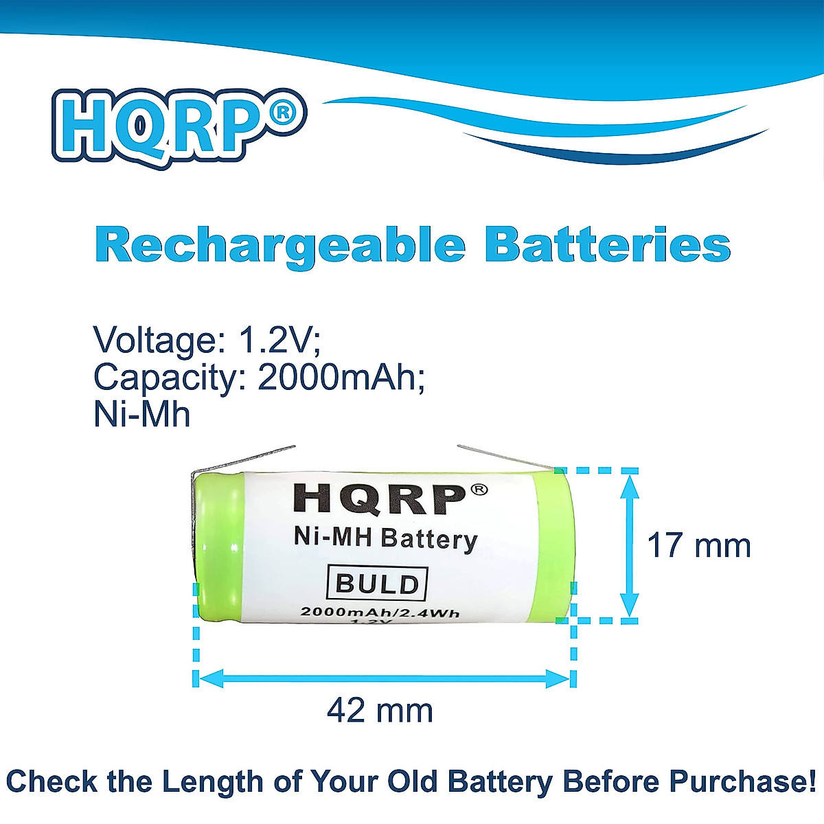 HQRP 42mm Long Battery Compatible with Braun 5000, 3745, 3761, 3762, 5000 Toothbrush Repair 2000mAh Professional Care Triumph Sanyo 346 Sanyo346