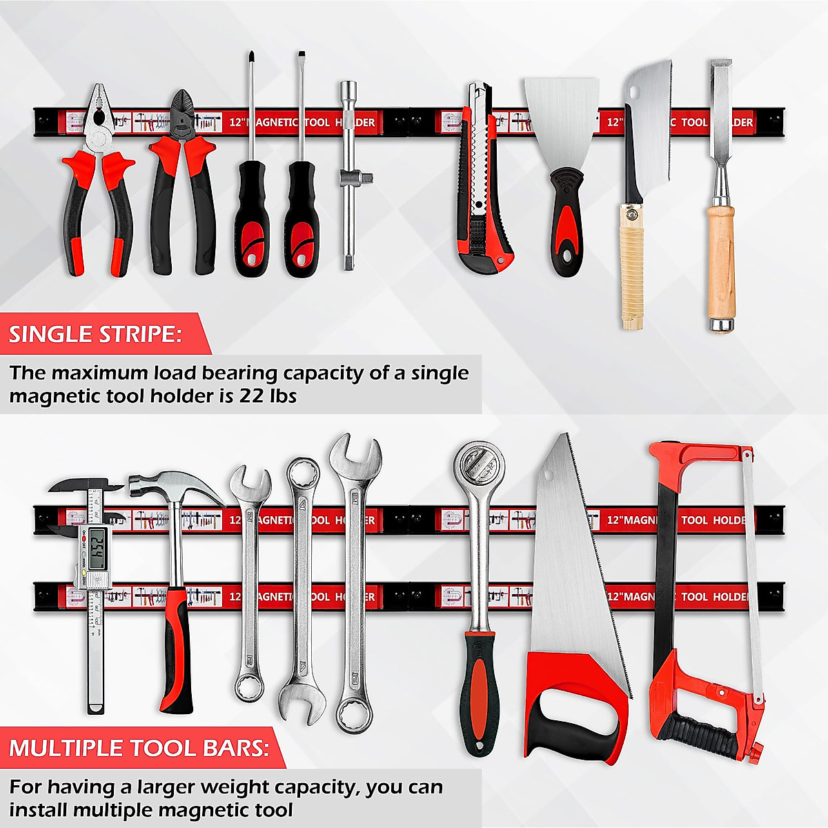 12'' Magnet Tool Holders Storage Organizer, 4 Pack Wall Mount Magnetic Tool Strips, Metal Magnet Tool Organizer Bars for Garage, Kitchen, Workshop (Mounting Screws Included)