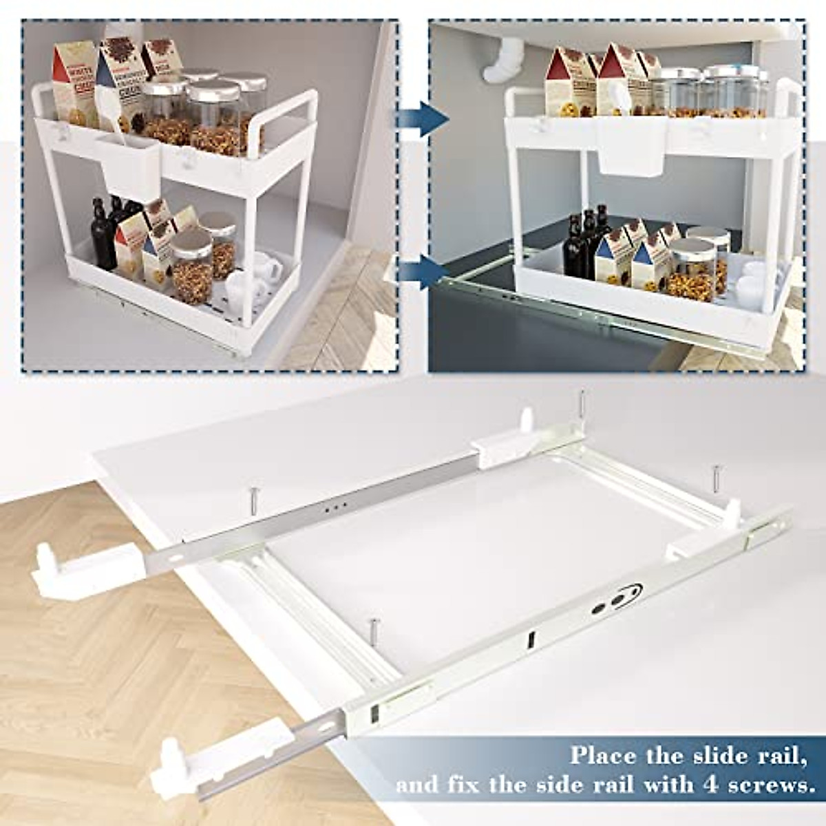 DonYeco Under Sink Organizer, 2 Tier Bathroom Storage Rack, Under-Mount Sliding Drawer Slides，White