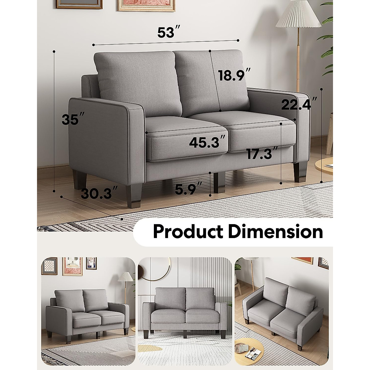 Small Modern Loveseat Couch Sofa - Fabric Upholstered 2 Seat Sofa, Solid Wood Leg, Ultra Thick Cushion, Seats Storage, Compact Small Space Furniture, Living Room, Apartment, Light Gray