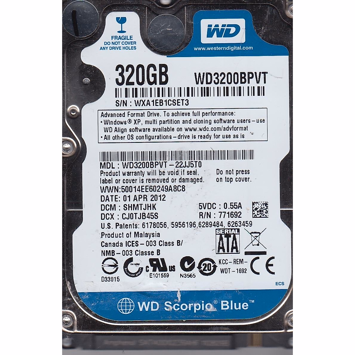WD3200BPVT-22JJ5T0, DCM SHMTJHK, Western Digital 320GB SATA 2.5 Hard Drive