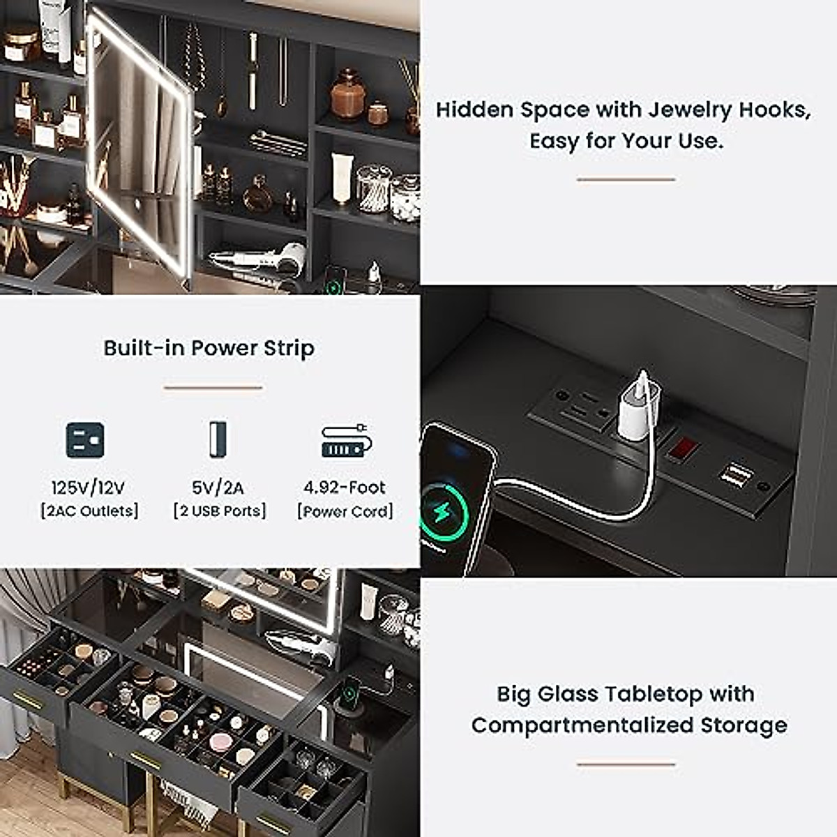 AOGLLATI Makeup Vanity Set with Lights in 3 Colors,Vanity Desk with Mirror and Lights & Charging Station, Black Vanity with Big Glass Desktop,Compartment Storage,Hidden and Open Storage Shelves(Black)