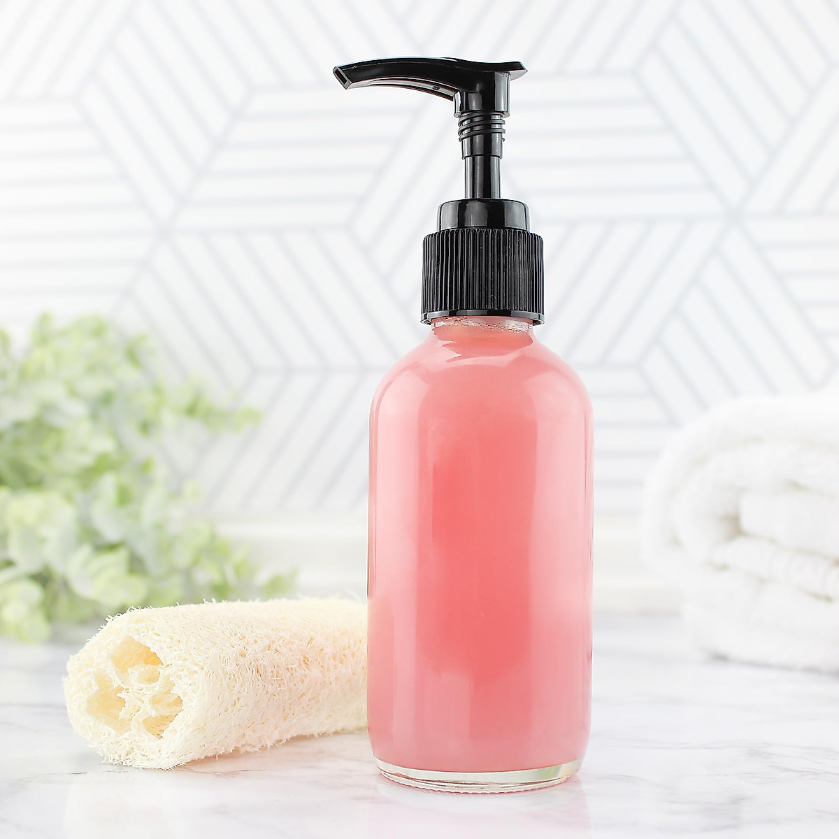 Cornucopia Brands 4oz Clear Glass Pump Bottles (4 Pack); Refillable Glass Containers w/Black Plastic Soap/Lotion Pump Dispensers