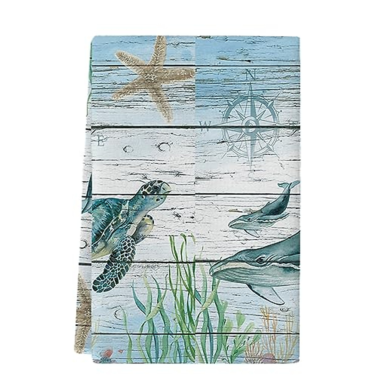 Kitchen Towels Sea Whale Starfish Absorbent Tea Towel Soft Hand Dish Towel Rustic Wood Ocean Compass Blue Reusable Washable Cleaning Cloth Bath Towels for Bathroom Bar for Everyday Cooking (Pack of 1)
