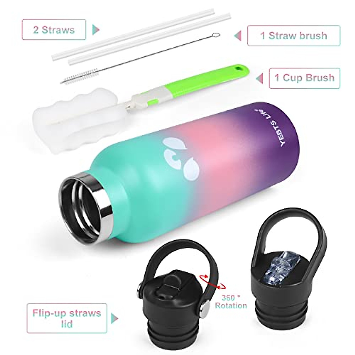 YEBTS LIFE Water Bottle,Vacuum Insulated Water Bottles with 2 Lids & 2 Straws,Stainless Steel Water Bottles Keep Hot and Cold,Leak Proof,Sports Water Bottle for Hiking Biking Sport (18oz, rainbow)