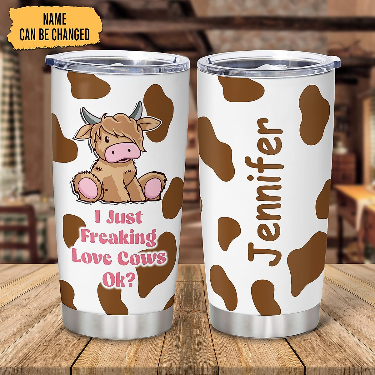 Hyturtle Personalized Gifts For Highland Cow Lover - Birthday Christmas - I Just Freaking Loves Cows Ok Custom Name Stainless Steel Tumbler 20oz With Lid - Cow Heifer Lover Gifts For Her Women Girl
