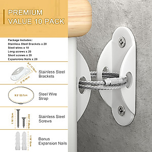 Furniture Anchors (10 Pack) for Baby Proofing, Furniture Straps Anti Tip Furniture Anchor Securing 400 lbs/Keep Baby Pet Safety from Falling Furniture, Metal White Earthquake Straps