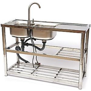 Commercial Restaurant Sink,Stainless Steel Utility Sink Free-standing Kitchen Sink,Double Bowl Kitchen Sinks with Strainer,304 Stainless Steel Freestanding Kitchen Sink