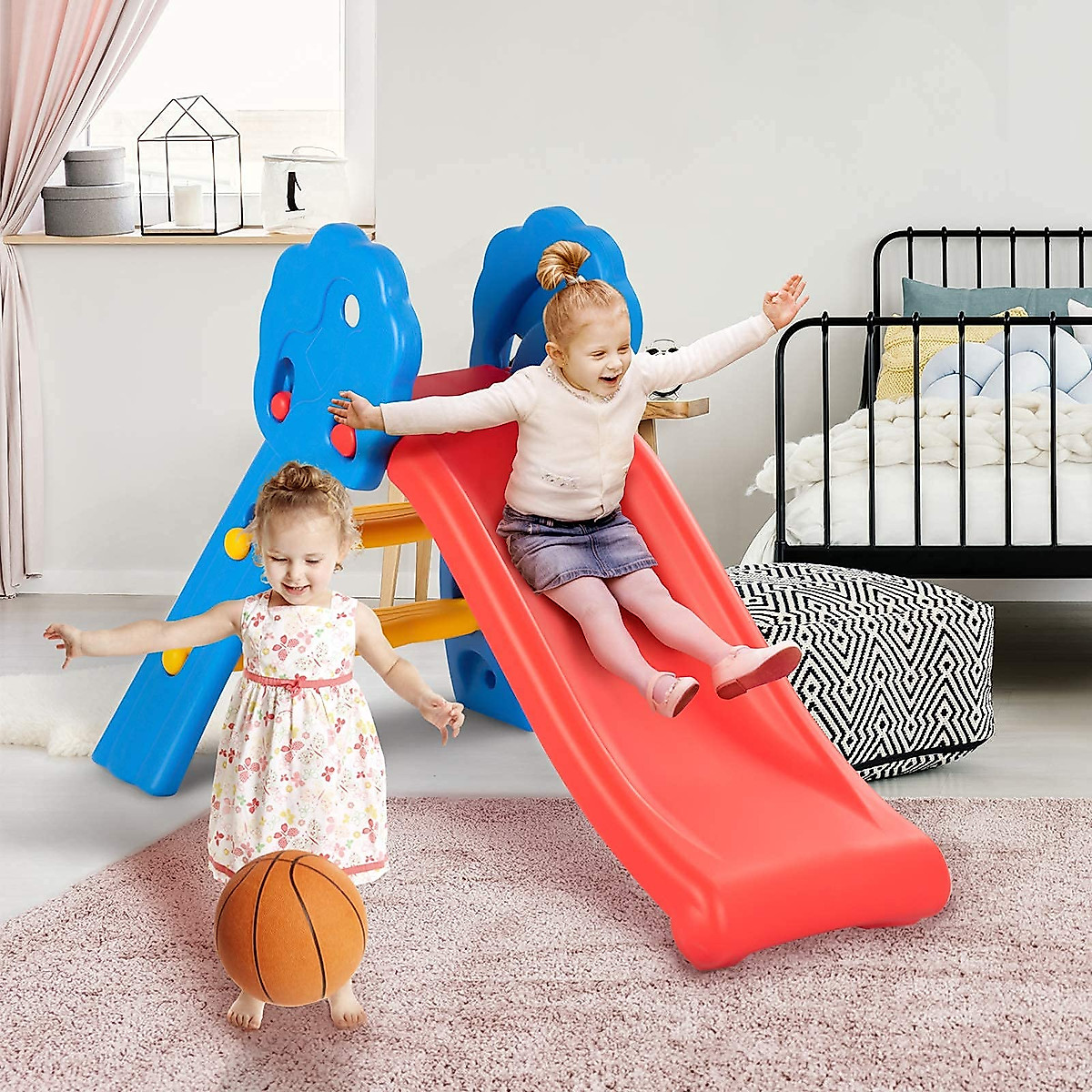 KOTEK Folding Toddler Slide for Indoor and Outdoor, Freestanding Baby Play Climber Slide Set, 2 Steps Climber, Easy Storage, Playground Toy for Children Kids