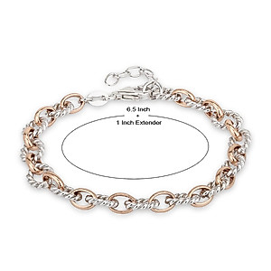 Vanbelle Sterling Silver Jewelry - Silver and Rose Gold Plated with 925 Stamp - Twisted Wire Link Chain Bracelet - Elegant Handcrafted for Women - 6.5" long + 1" extender