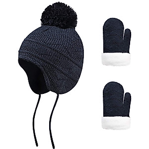 Winter Toddler Hat and Mittens Knit Earflap Hat and Fleece Mitten Gloves Set for Baby Boys Girls(Navy Blue)