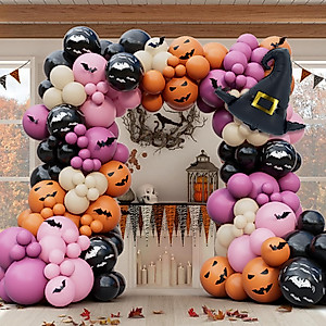 196Pcs Halloween Balloons Garland Arch Kit with Spider Ghosts Foil Balloons Pink Black Orange Sand White Balloons for Kids Halloween Spooky Costume Party Decorations